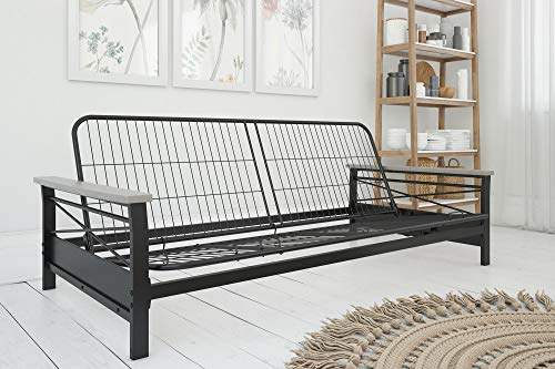DHP Nadine Metal Futon Frame with Grey Wood Armrests, Full Size, Mattress Not Included