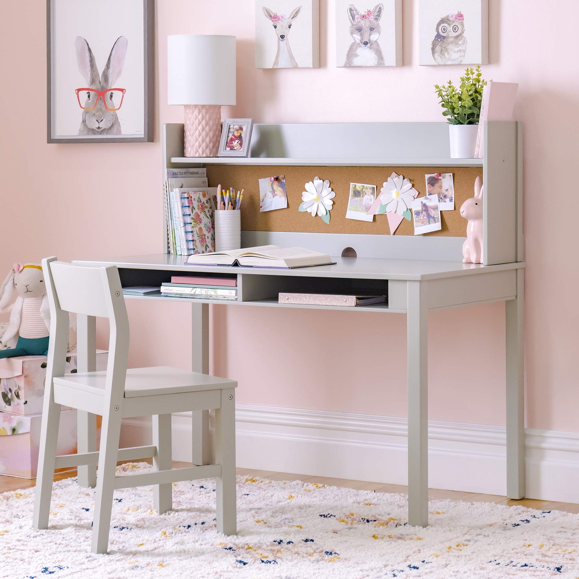 Martha Stewart Kids' Desk with Hutch and Chair Set by Guidecraft - Gray: Kids Table and Chair Set with Storage Cubbies and Bulletin Board, Wooden Study Desk for Boys or Girls Bedroom