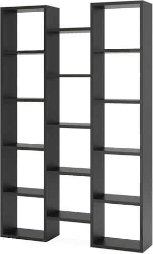 LITTLE TREE 14-Cube Bookshelf, 5-Tier Bookcase with Open Shelves, Retro Wood Storage Organizer Display Shelf, Horizontal/Vertical Storage Shelving Unit for Bedroom, Living Room, Office, Black