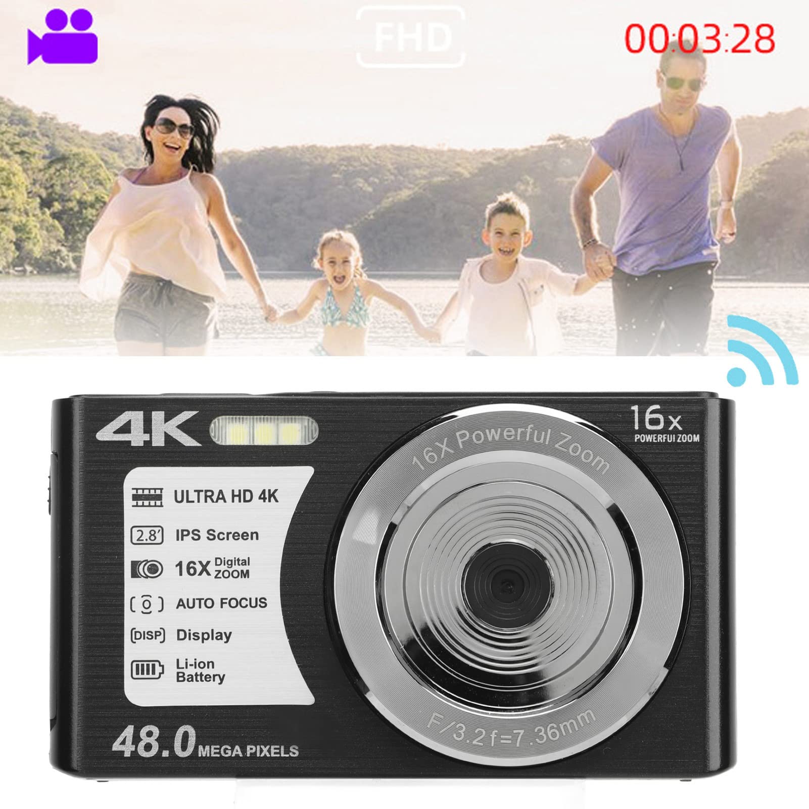 Compact Camera, 48MP Image Resolution Built in Fill Light Compatible 256GB Memory Card Rechargeable Lithium Ion Battery 4K Digital Camera for(Black)