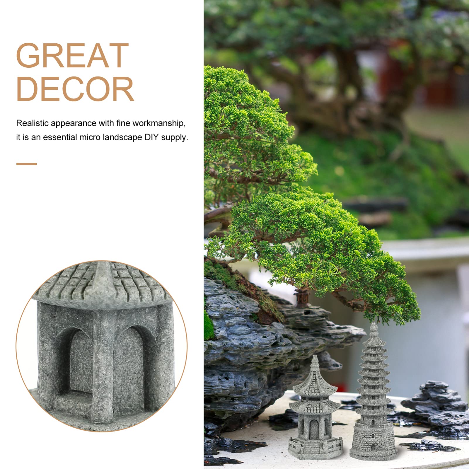 generic 2Pcs Miniature Pagoda Hexagon Figurines Mini Pagoda Statue for Garden Patio Bonsai Micro Landscape Decorations