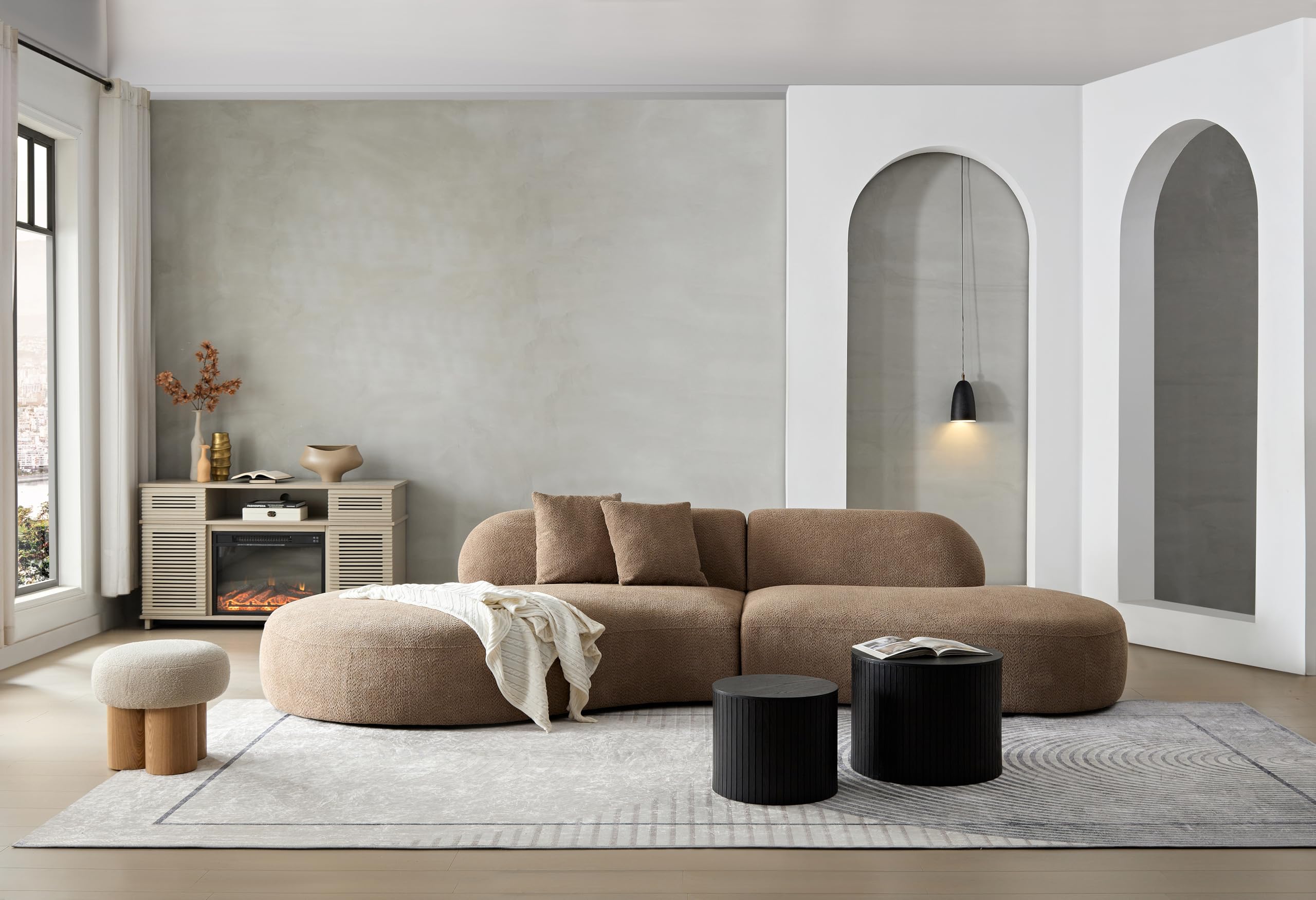 HAMORESPACE 135‘’Curved Sectional Sofa, Multiple Seating Positions, Fabric Upholstery Couch for with Pillows for Living Room Office,Apartment (Camel,Left-Facing)