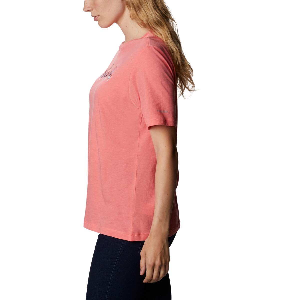 Columbia Women's Bluebird Day Relaxed Crew Neck, Blossom Pink Heather/Outlined Brand, X-Large