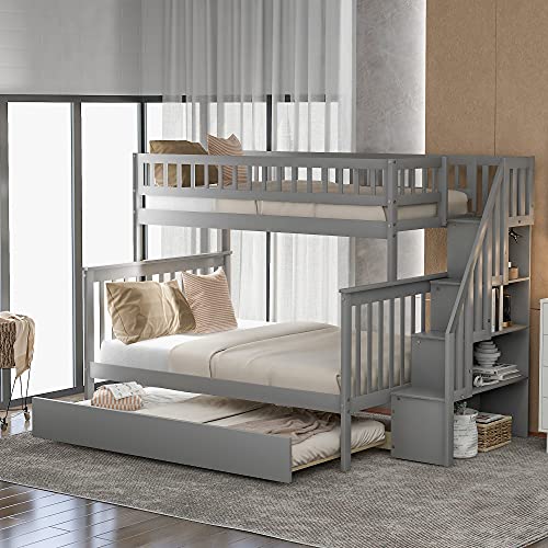 Cotoala Full Bunk Bed with Trundle, Wood Stairway Twin, Storage and Guard Rail, No Spring Box Needed, Grey, Twin Over Full