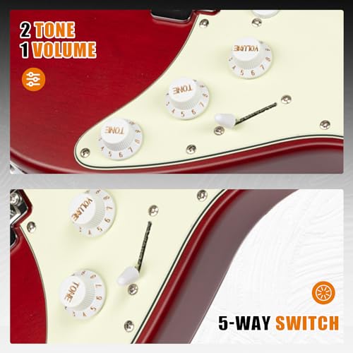 EART Electric Guitar SSS Single Coil Pickups,Solid-Body,Stainless Steel Frets Right Handed-Rosewood Fingerboard-Red