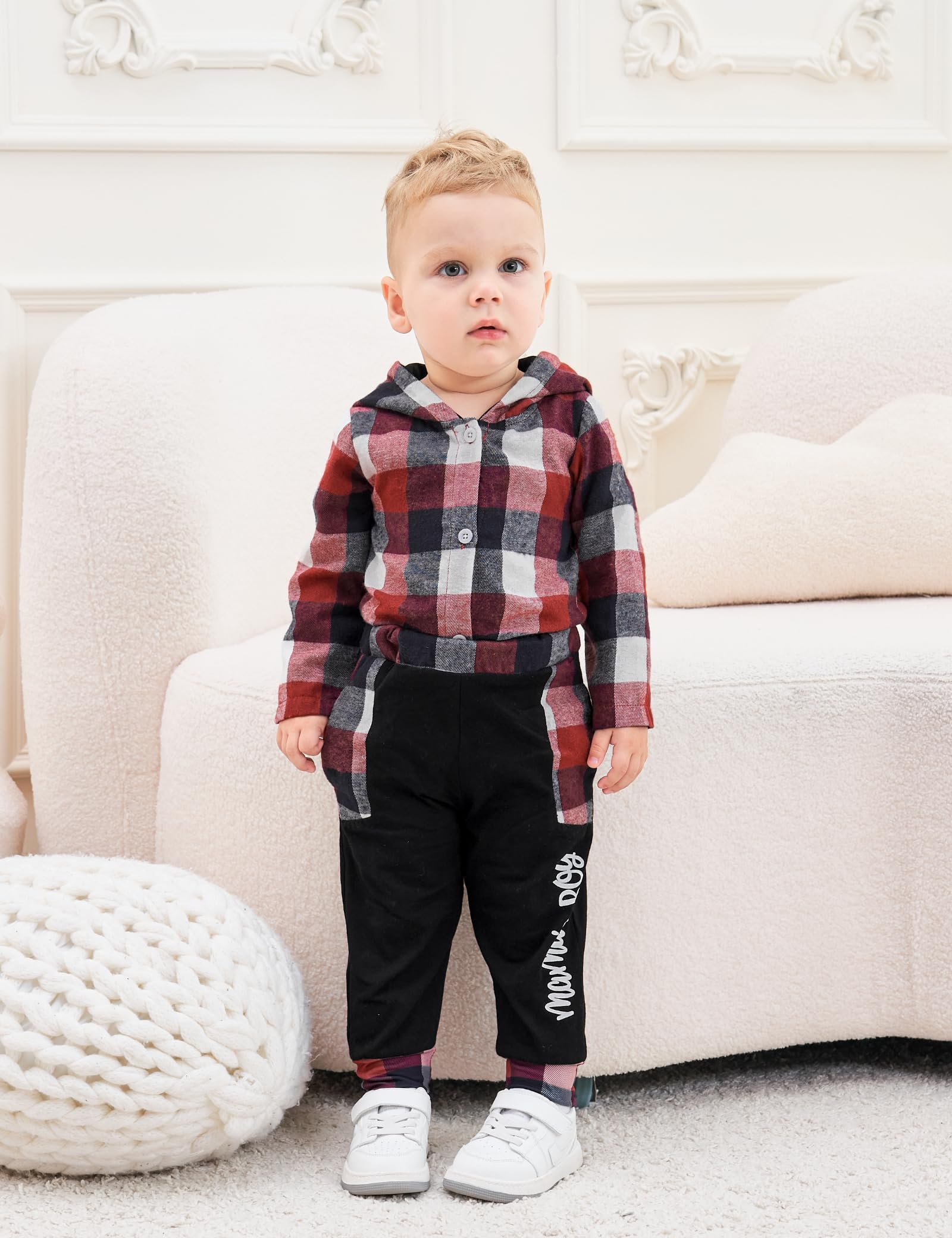 Fuermos Newborn Infant Baby Boy Clothes Plaid Button Long Sleeve Hoodies Romper+ Mama's and Boy Pants Outfits Set