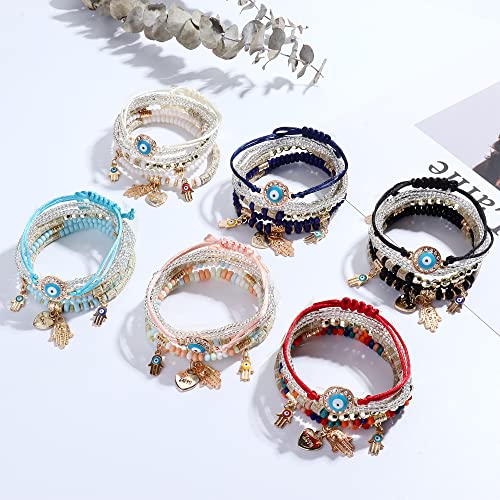 DOLOTTA 6 Sets Bohemian Stackable Bead Bracelets for Women Stretch Multilayered Beaded Bracelet Crystal Beaded Lucky Protection Evil Eye Hamsa Hand Bracelet Set