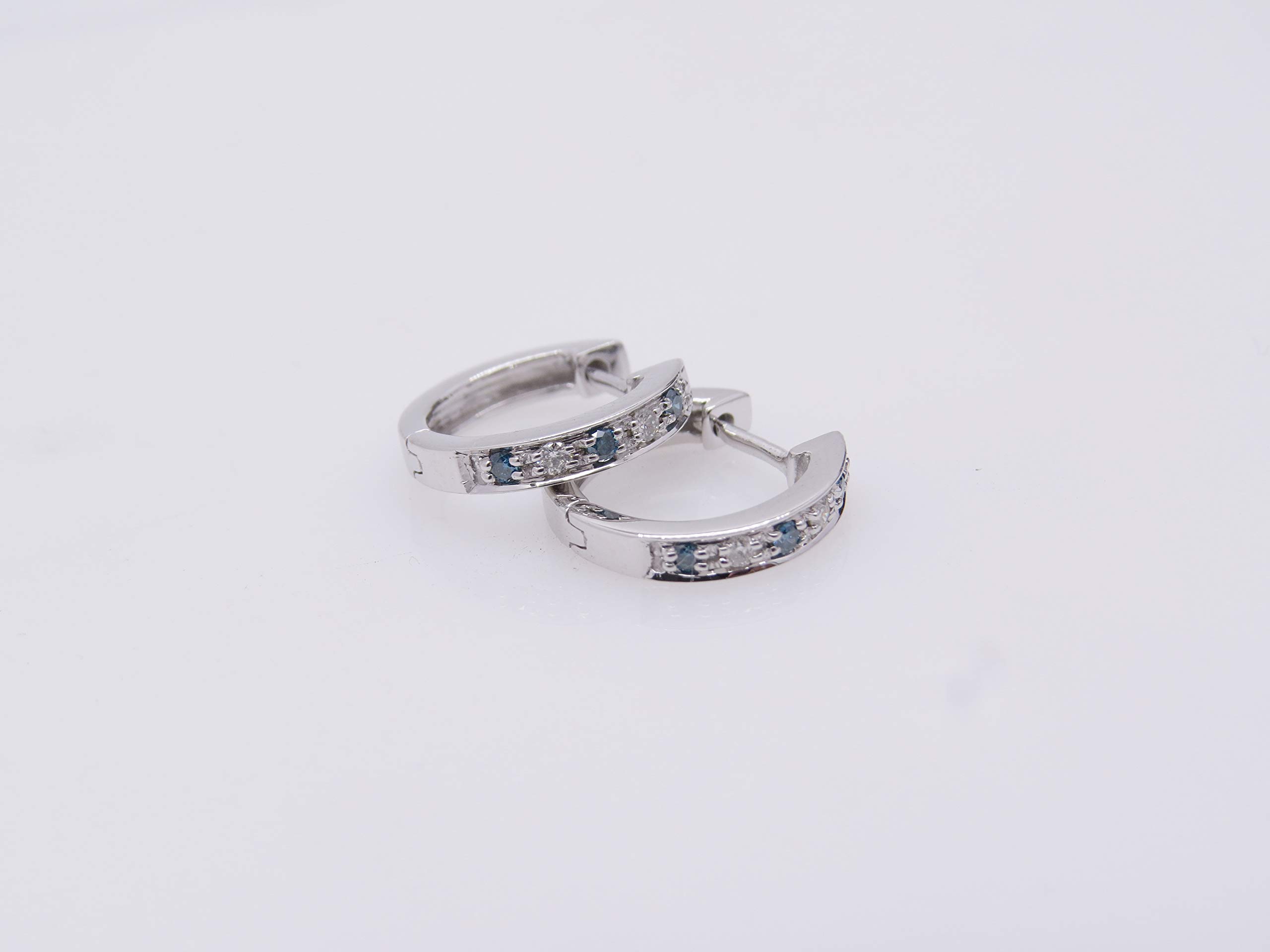 Dazzlingrock Collection Round Blue & White Diamond Single Row Hinged Post Hoop Earrings for Women in 10K White Gold
