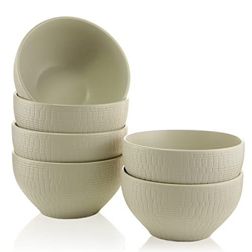 EZOWare 5.5-inch Stoneware Cereal Bowl Set, Set of 6 20oz Microwave Safe Classic Kitchen Dishes, Decorative Pattern Round Bowls For Rice, Soup, Salad, Dessert, Pasta and Noodle - Khaki