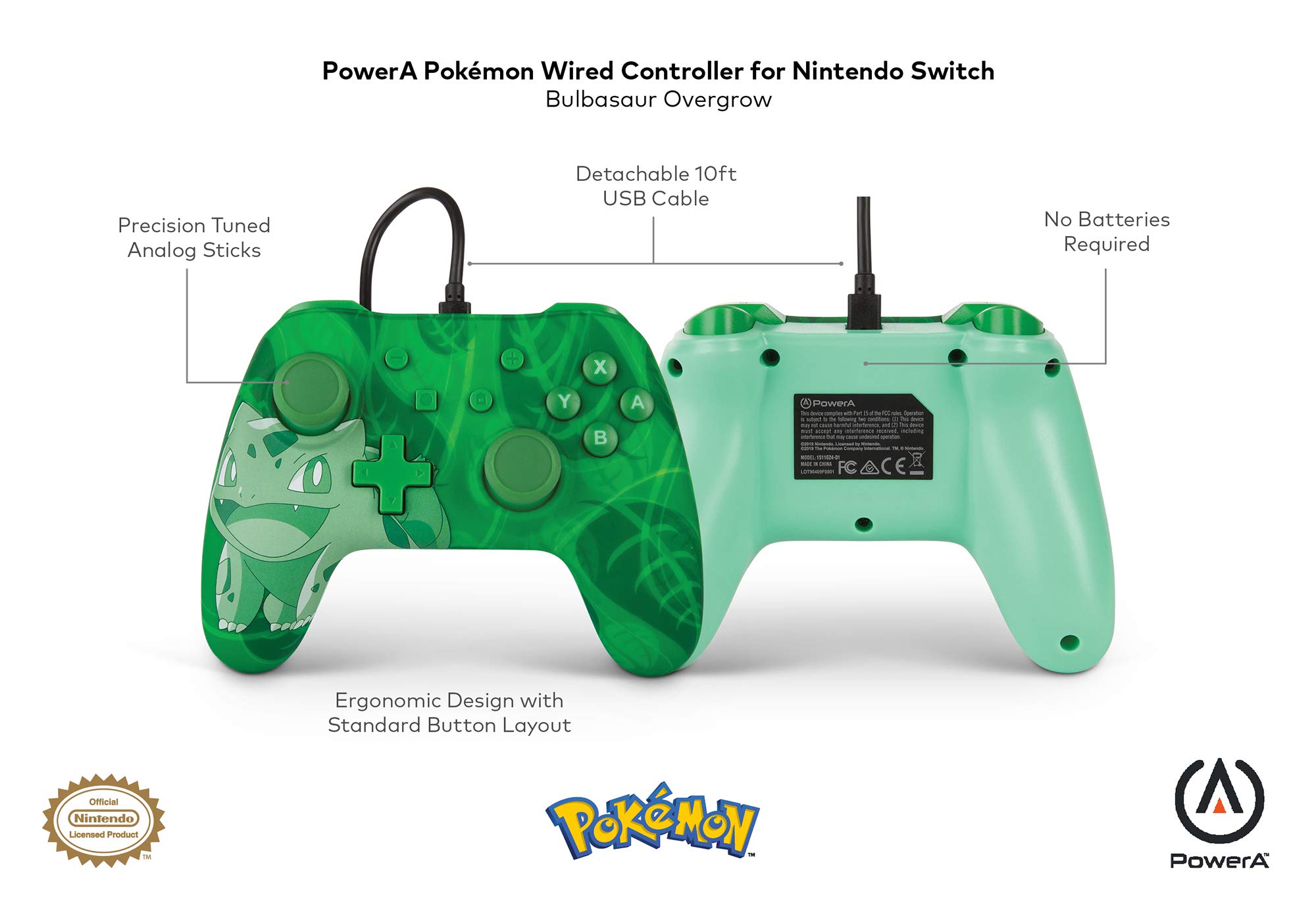 PowerA Wired Controller for Nintendo Switch - Pokémon: Bulbasaur Overgrow, Gamepad, Game controller, Wired controller, Officially licensed