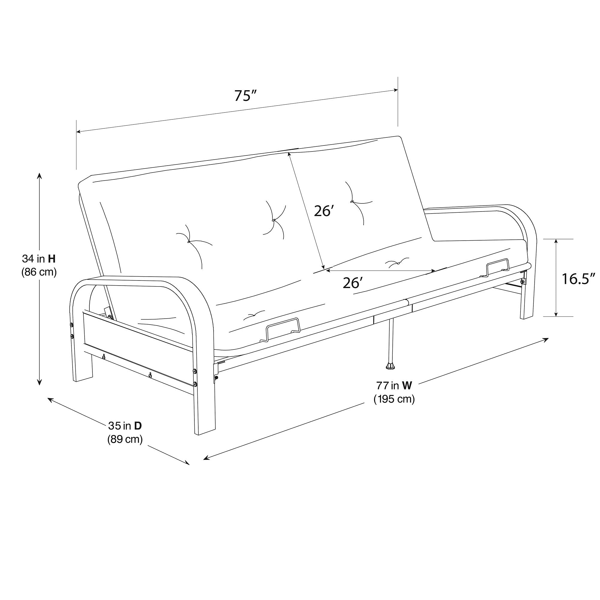 DHP Brax Black Metal Arm Full Size Frame with 6” Thermobonded High Density Polyester Fill Futon Mattress