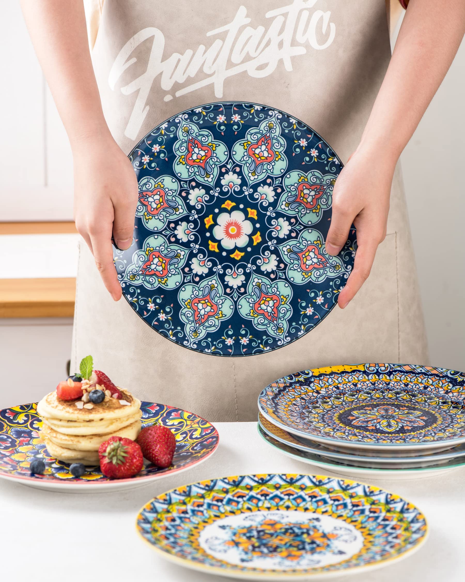 Dessert, Salad Plate Set 8.7 Inch, Colorful Ceramic Plates for Pasta, Appetizer, Snacks - Serving Dishes for Thanksgiving & Christmas, Dishwasher & Microwave Safe, Set of 6 - Bohemian Style