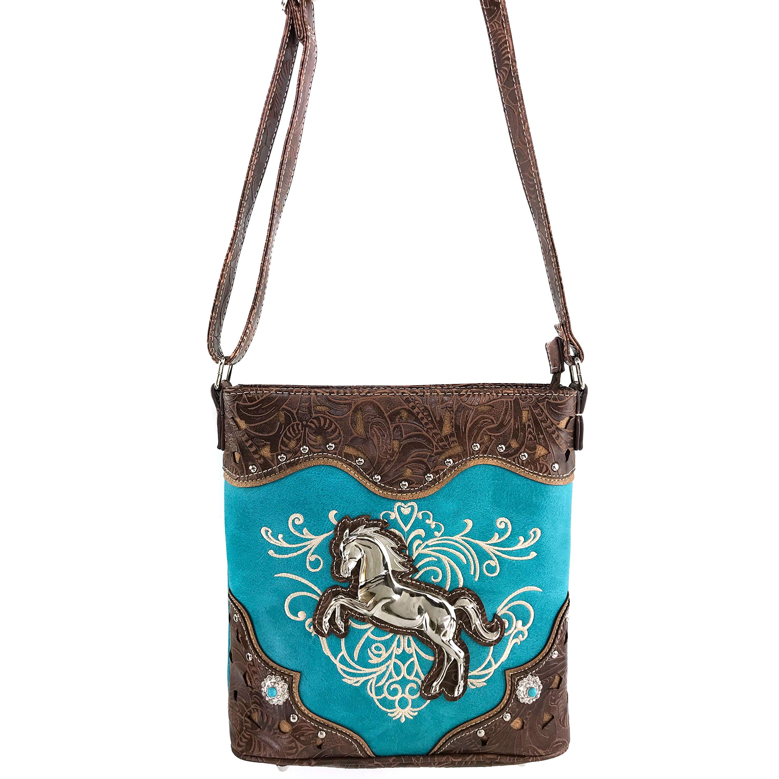Zelris Western Rearing Horse Embroidered PU Leather Concealed Carry Women Crossbody Bag (Turquoise)
