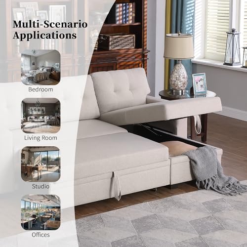 Livavege Convertible Sleeper Sectional Sofa with Pull-Out Couch Bed, L-Shaped Couch w/Storage Chaise, Modern Linen Fabric Corner 3-Seaters Couches for Living Room, Apartment and Small Space