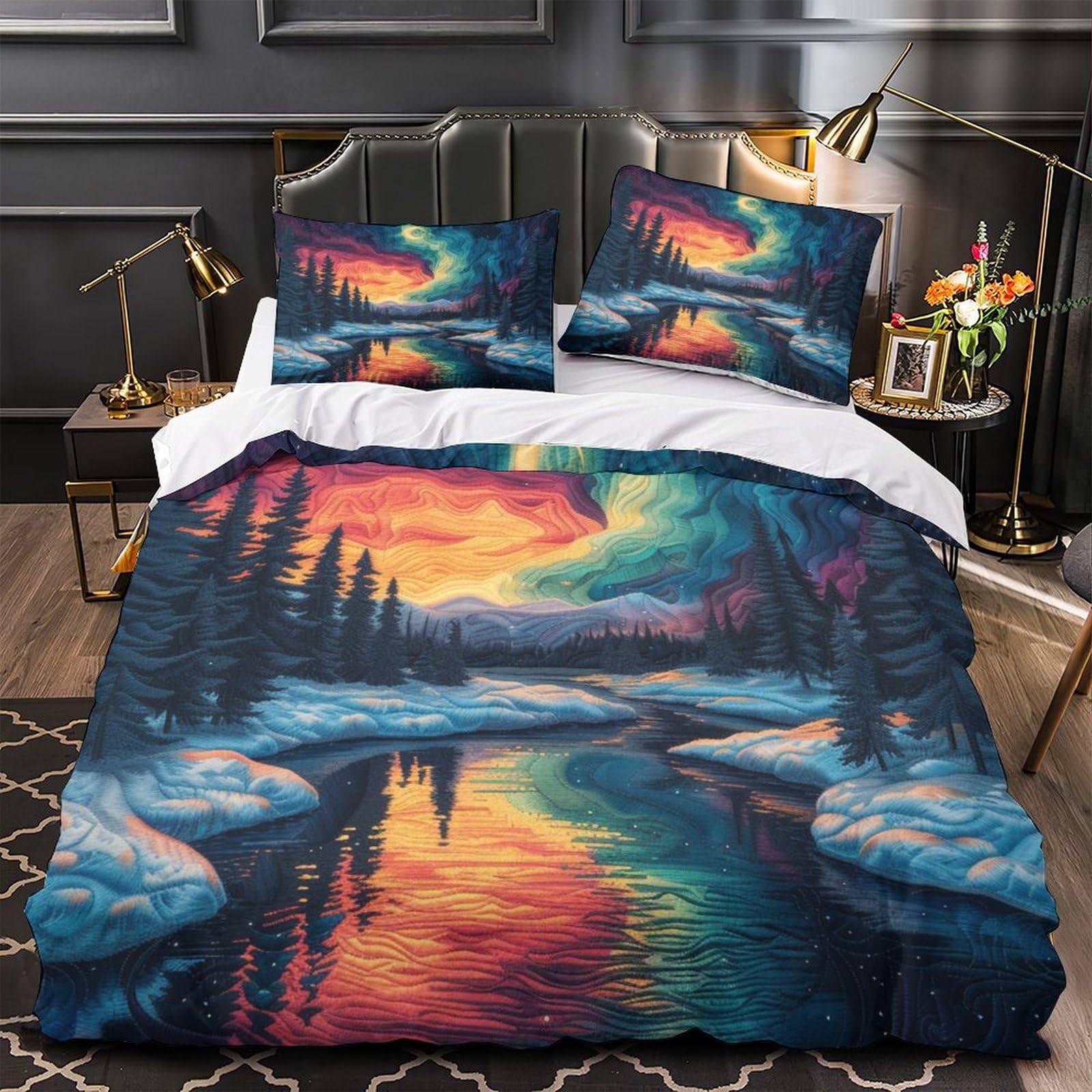 ERGTT Winter Snow Scene Quilt Cover 3D Print Aurora for Teens and Adults Duvet Cover Comforter Covers Soft Microfiber Bedding Set with Zipper Closure with Pillow Cases 3 Pieces Twin(173x218cm)