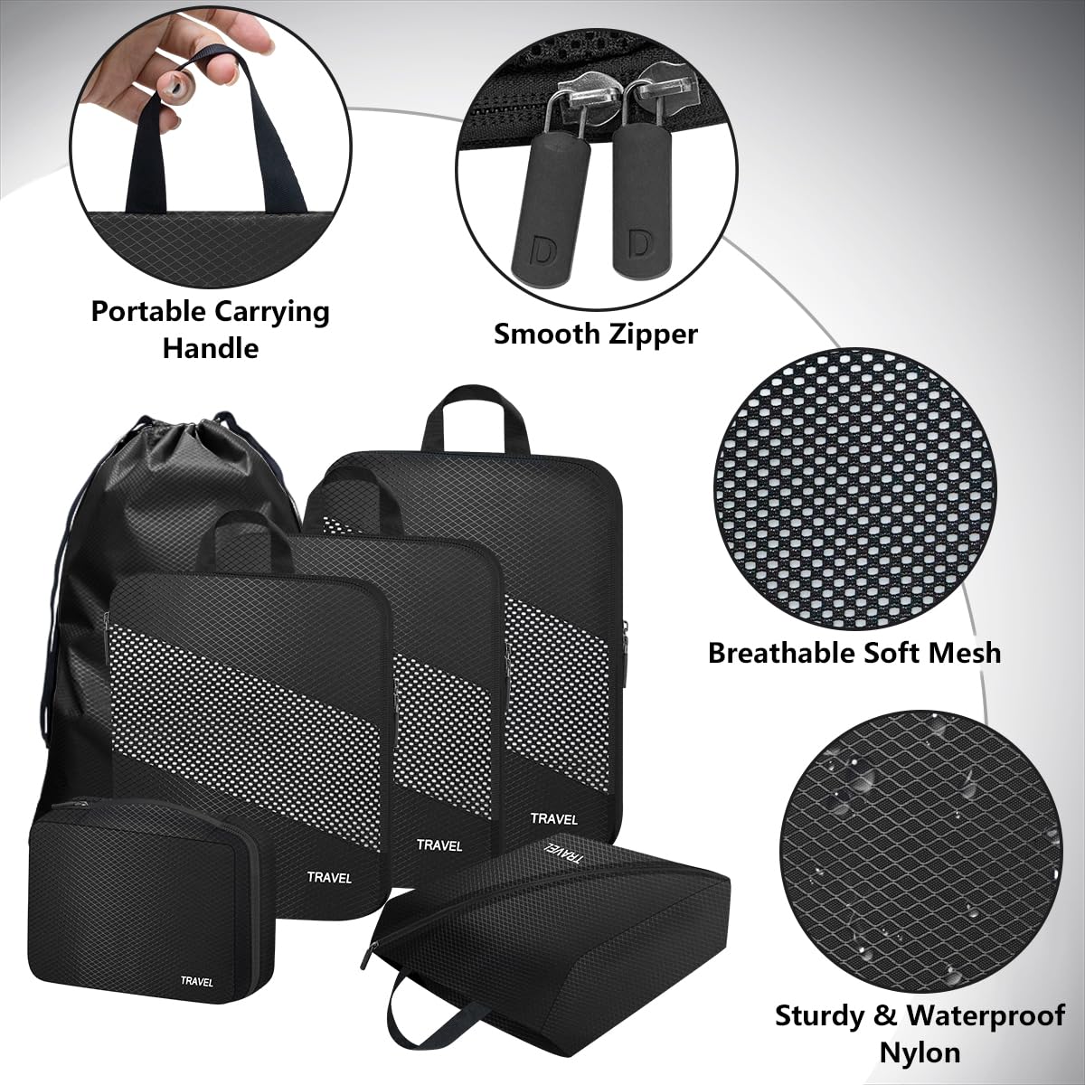 Compression Packing Cubes for Suitcases, 6 Set Large Travel Luggage Organizer Bags with Drawstring Laundry Bag, Toiletry Bag & Shoe Bag for Travel Essentials (black)