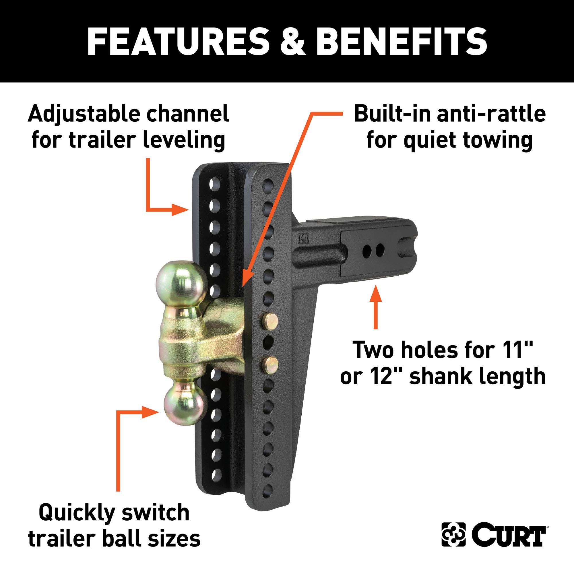 CURT 45928 Adjustable Trailer Hitch Ball Mount, 3-Inch Receiver, 10-5/8-Inch Drop, 2 and 2-5/16-Inch Balls, 21,000 lbs , Black