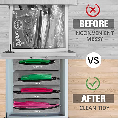 shiningwaner Ziplock Bag Storage Organizer for Kitchen Drawer, Upgraded Plastic Bag Organizer, Baggie Organizer with Ziplock Gallon, Quart, Sandwich and Snack Variety Size Bag, Grey