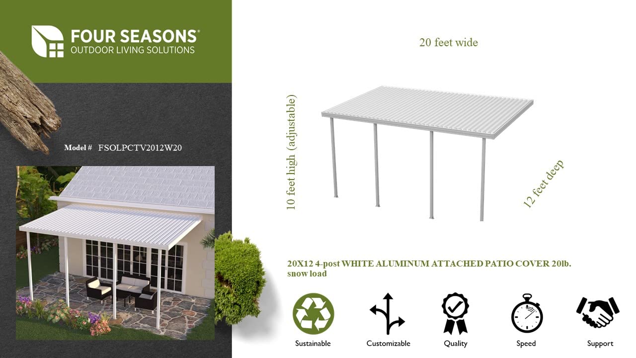 Four Seasons Outdoor Living Solutions TWV Series 20X12ft High-Grade Aluminum Attached Patio Cover Awning, 4 Posts, 20 Lb. Snow Load, White