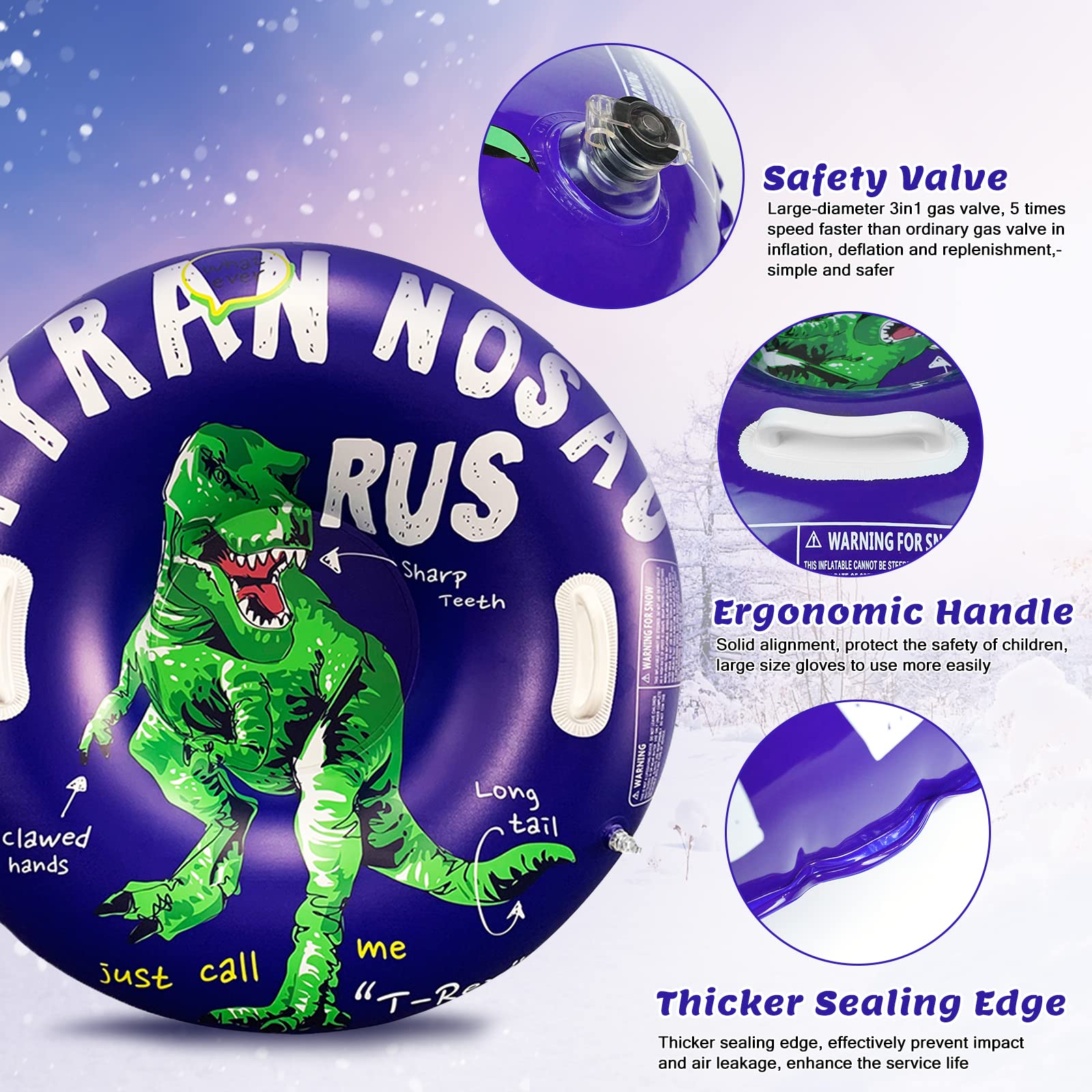 Dinosaur Snow Tube Inflatable Snow Sled with Handles for Skating Winter Outdoor Fun for Kids