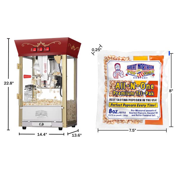 Matinee Countertop Popcorn Machine – 3 Gallon Popcorn Popper, 8oz Kettle, Warmer, and 24 All-In-One Popcorn Packs by Great Northern Popcorn (Red)