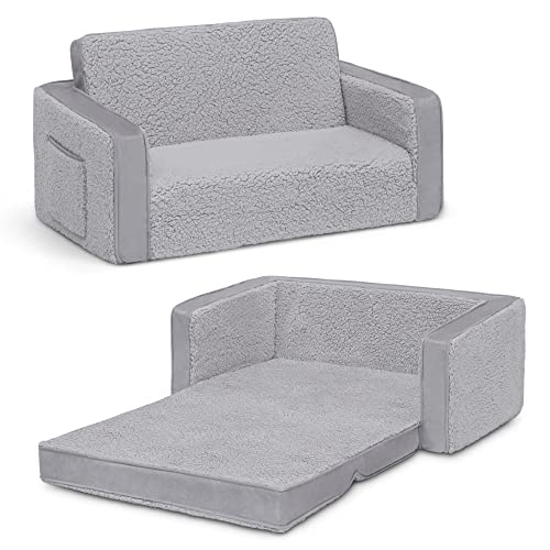 Delta Children Cozee Flip-Out Sherpa 2-in-1 Convertible Sofa to Lounger for Kids, Grey Sherpa/Suede