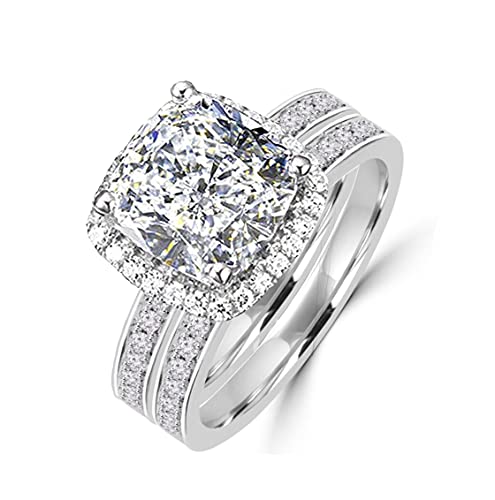 Diamonbella 101 facets 2 Carat Princess Cushion Cut NSCD Simulated Diamond Ring Band Set Solid 925 Silver Halo DBCUSHSET7 (Ring-Set, 6)