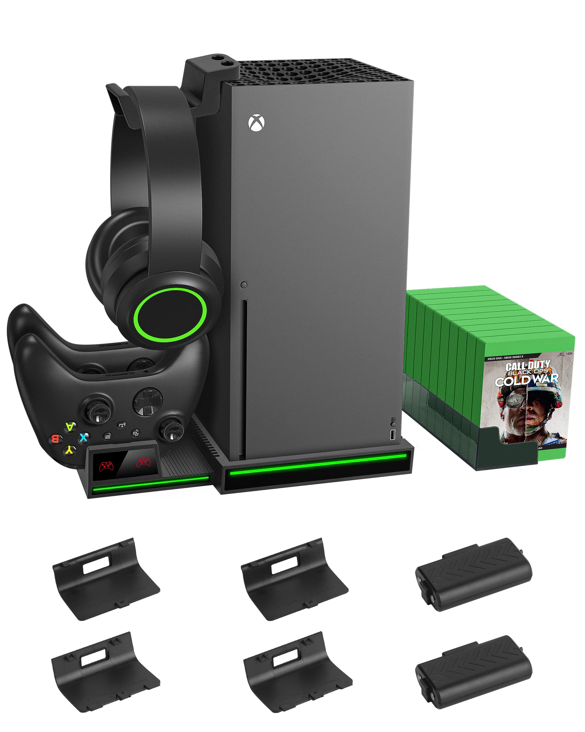 Controller Charge Stand for Xbox Series X, ZAONOOL Dual Controller Charging Station Dock for Xbox Series X with 2X 800mAh Rechargeable Battery, 10 Game Card Slot, Headset Holder and 4 Battery Cover