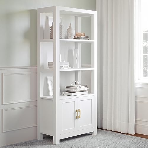 Martha Stewart Hutton Four Tier Shaker Bookcase with Storage Cabinet in White with Polished Brass Hardware