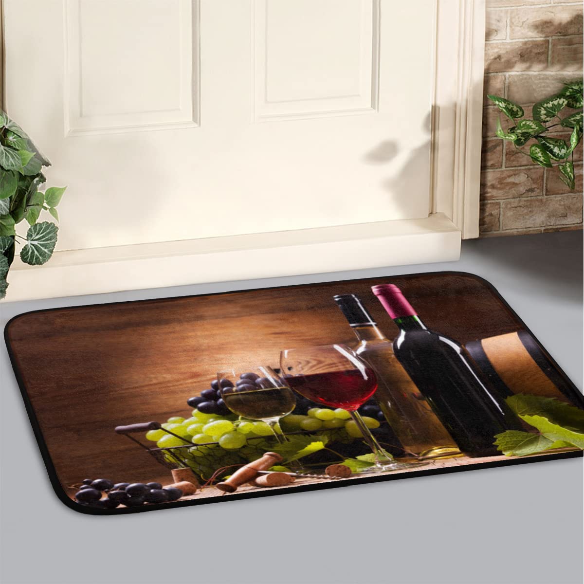 DJYQBFA Glasses of Red and White Wine Floor Mats Kitchen Durable Floor Mat Soft Quick Absorbent Grapes Wooden Area Rug for Home Office Sink Laundry 16 x 24 Inches
