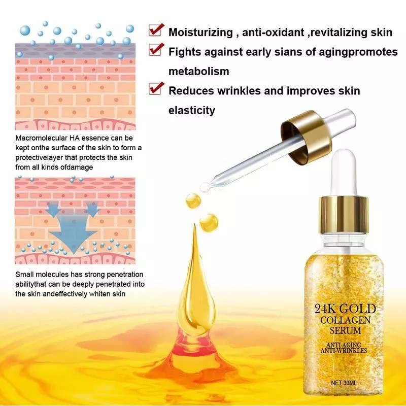 COVERCOCO Gold 24k Face Serum with Hyaluronic Acid Collagen and Peptides Ampoule (99.99% gold) 30ML/1.01 Oz