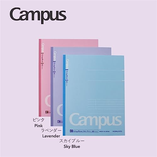 KOKUYO Campus Notebook, 9-3/4β x 7-1/2β, College Ruled, 80 Sheets (160 pages), Bleed Resistant, Pack of 3 Colors - Pink, Blue, Lavender, Made in Japan (WSG-NO-308CG1Γ3)