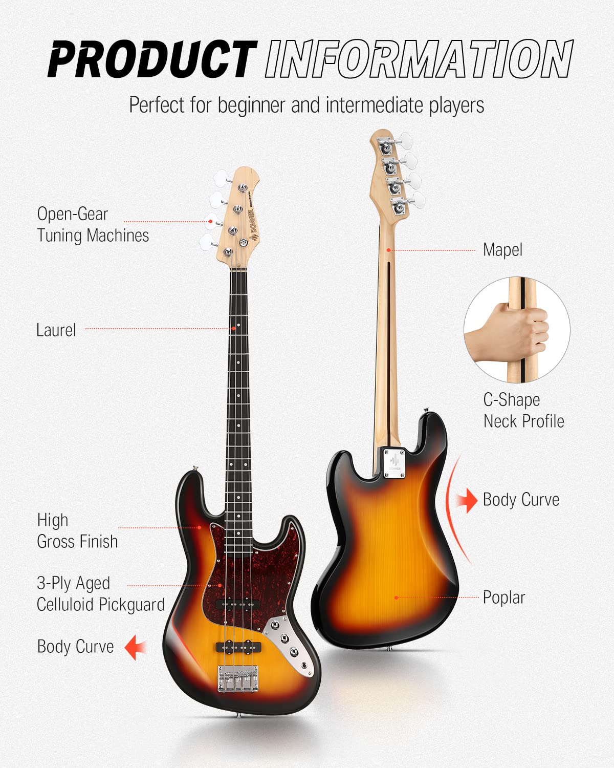 Donner Full-Size Electric Bass Guitar JB-Style with Bass Amp 25W Bass Guitar Amplifier DBA-2