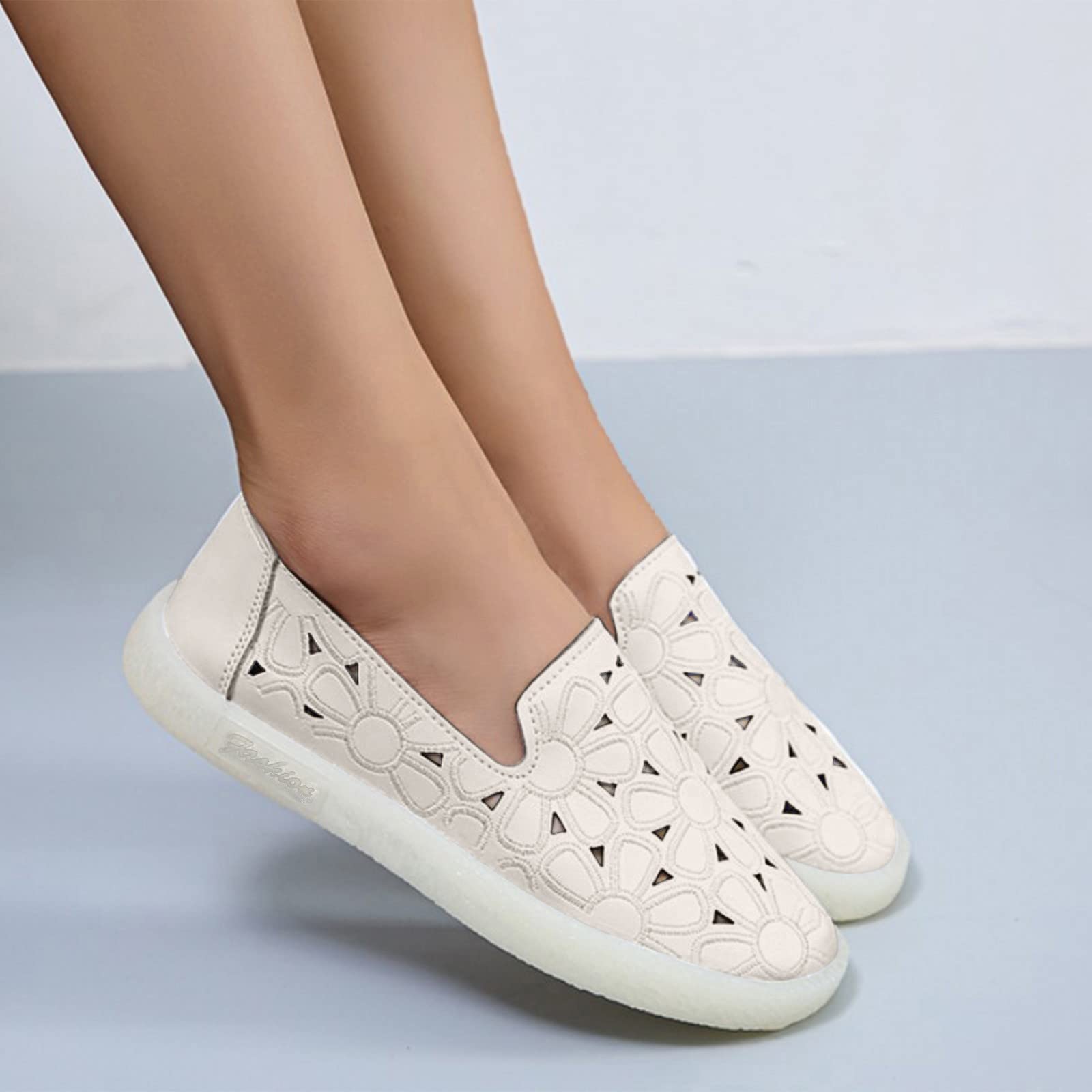 FASDNENDYS Shallow Mouth Hollow Breathable Soft Casual Comfortable Summer Women's Soled Spring and Flat Shoes Women Casual Summer Beige