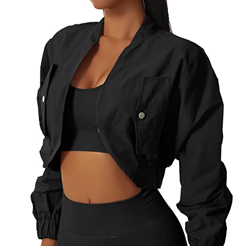 Kolagri Women Long Sleeve Cropped Windbreaker Open Front Quick Dry Thin Bomber Jacket Workout Bolero Jackets Tops Black M