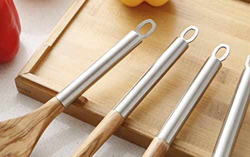 Olive Wooden Spoons for Cooking, NAYAHOSE 5 Pcs Cooking Utensils Set with Stainless Steel Handle, Heat-Resistant Olive Wood Spatulas for Non-Stick Pan