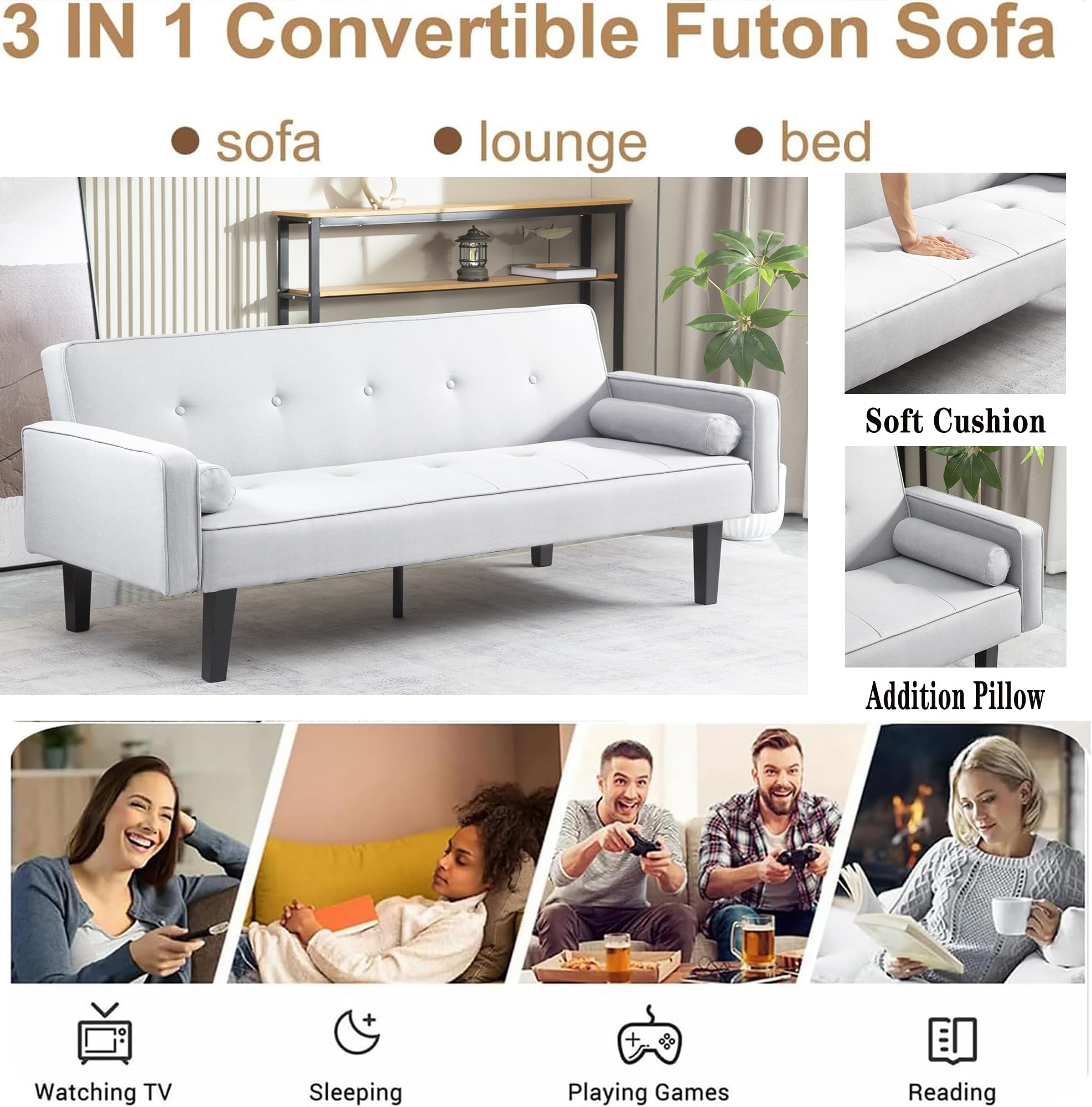 Modern Folding Velvet Futon Sofa Bed,Convertible Sleeper Couch with 2 Cup Holders,Loveseat Sofa Convertible Daybed with Removable Armrests for Compact Living Space (Velvet+Grey)