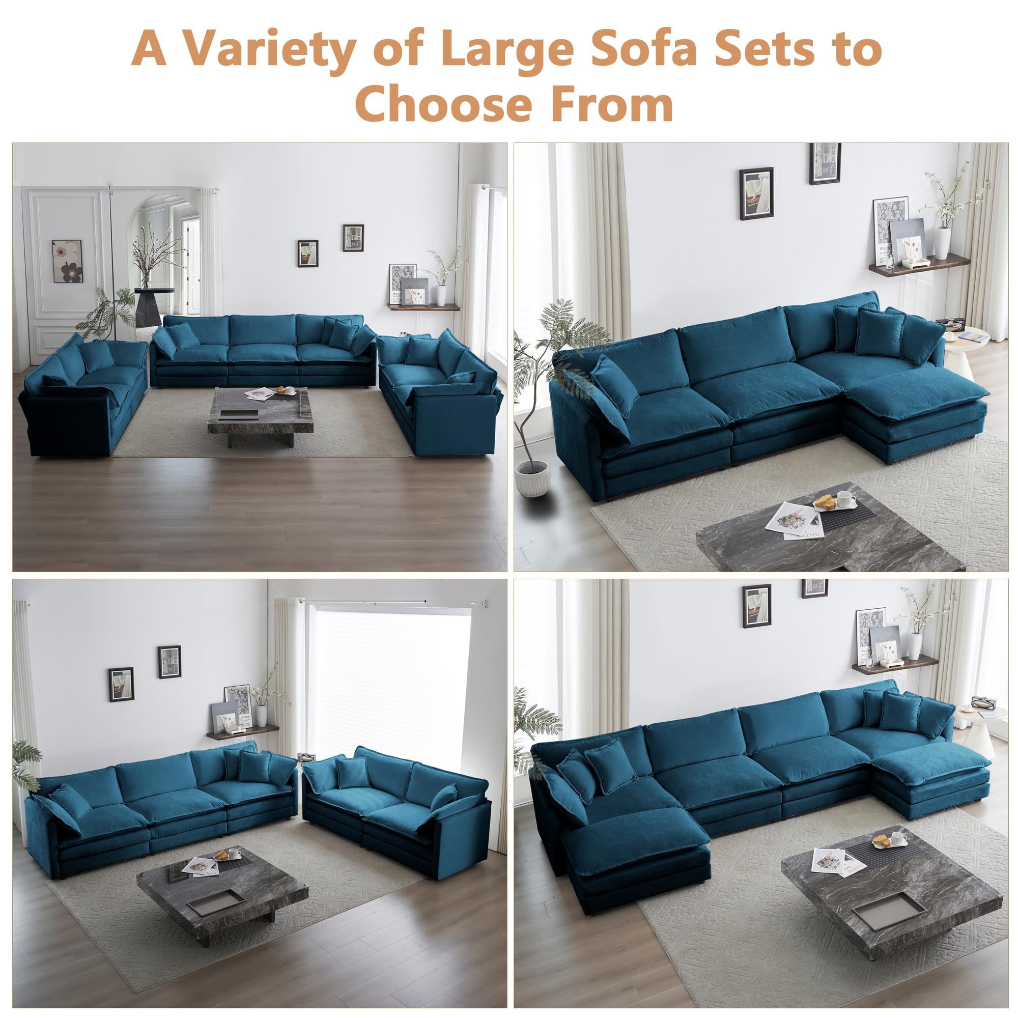 mikibama Luxury 2 Piece Sofa Set, 2 Pieces of Loveseat Sofa, Modern Chenille Comfy Cloud Couches Set for Living Room Office with 4 Armrest Pillows and 4 Toss Pillows, Blue