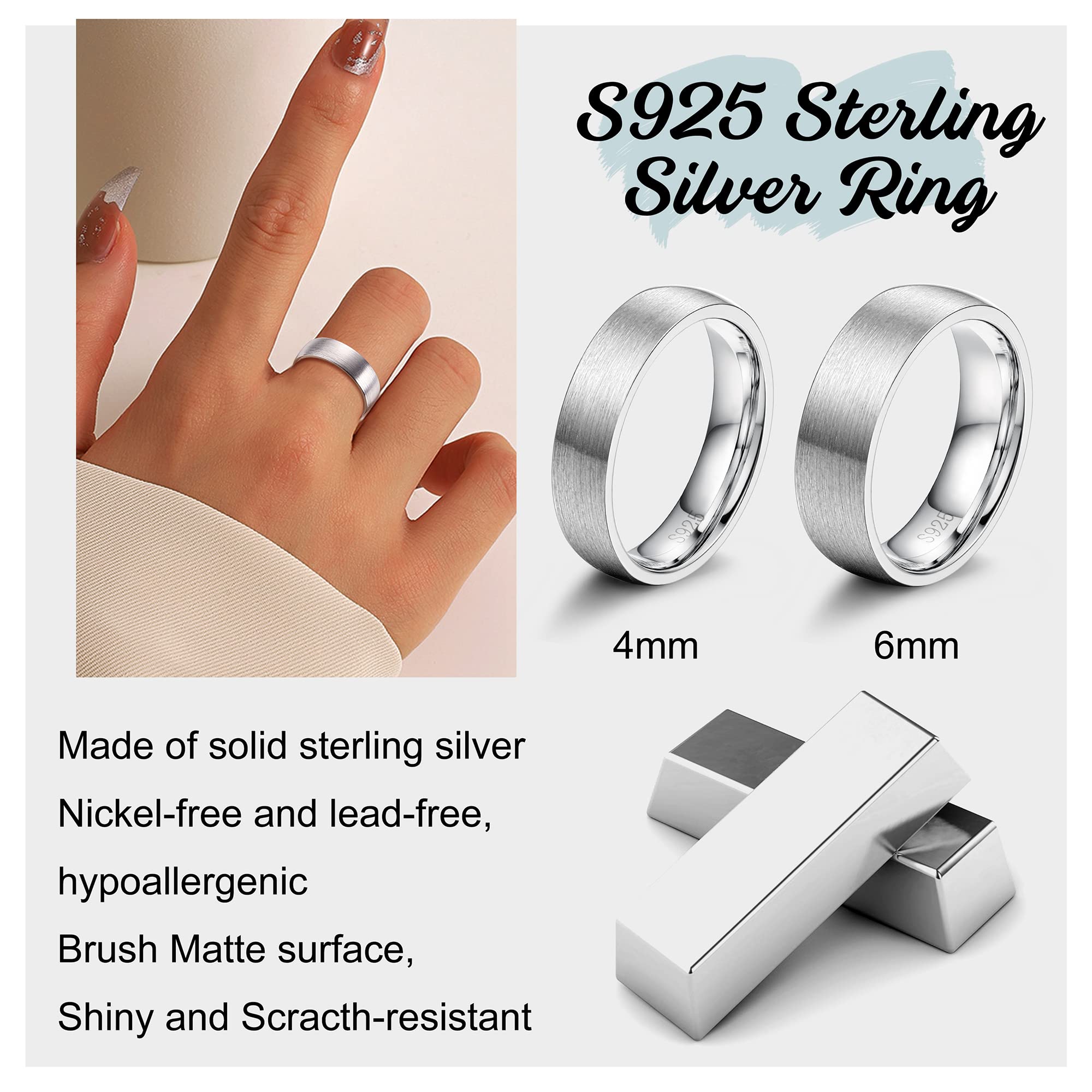 Diamday 6mm Sterling Silver Ring for Men S925 Silver Dome Brushed Matte Wedding Engagement Band Basic Rings Size 8