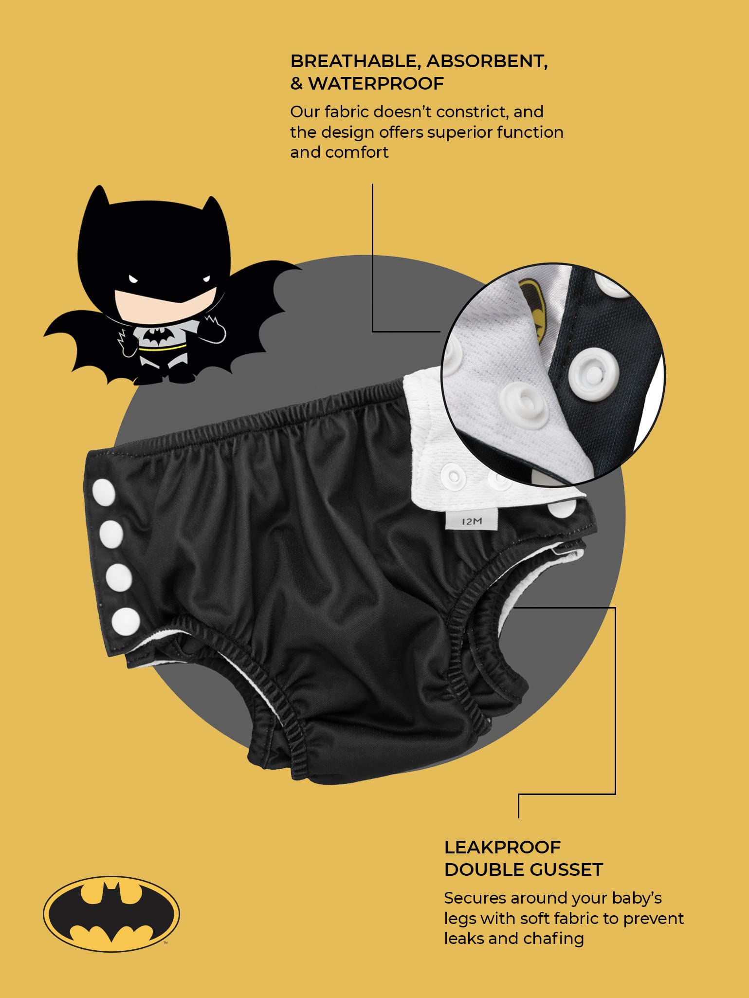Simple Being Adjustable Snap Reusable Swim Diaper, Double Gusset (DC Batman 3 Years)