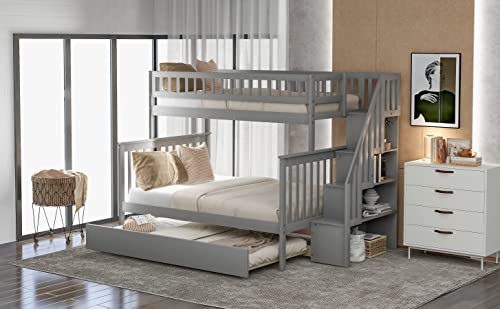 Cotoala Full Bunk Bed with Trundle, Wood Stairway Twin, Storage and Guard Rail, No Spring Box Needed, Grey, Twin Over Full