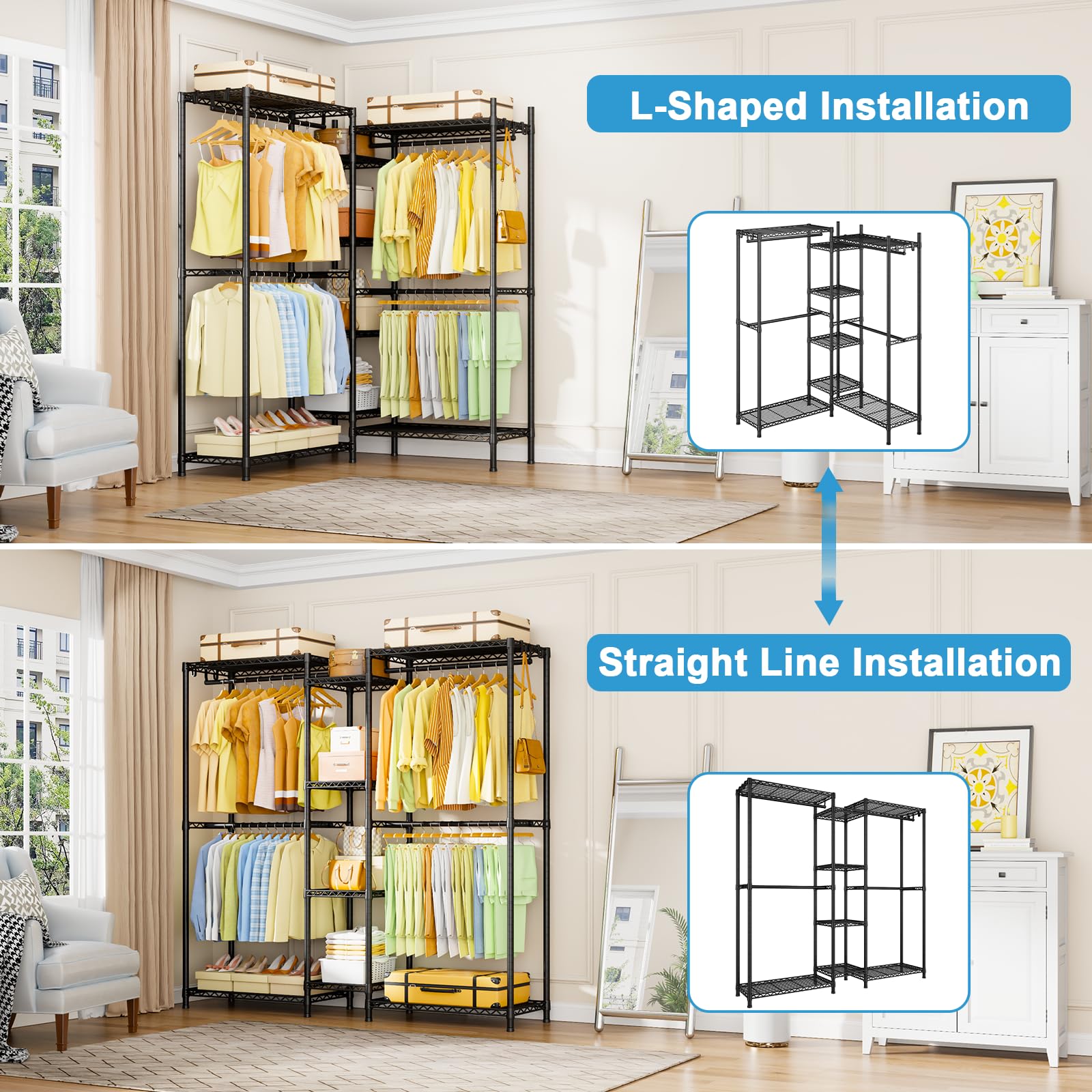 Ulif E4 Clothes Rack, Heavy-Duty Garment Rack, Metal Freestanding Clothing Organization Storage System Can Be L-Shaped with Shelves and Hangers, Max Load 920lbs, 71.6" W x 14.5" D x 79.3" H, Black