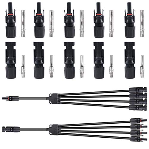 Glarks 22Pcs Cable Connectors Solar Panel Extension Adaptor Y Branch 1 to 4 Parallel Adapter Cable Wire Plug and 5 Pair Male/Female Solar Panel Cable Connector Set for Solar Panels (M/FFFF + F/MMMM)