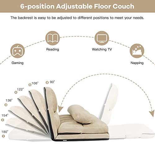 KOMFOTT Adjustable Floor Sofa Bed, Foldable Lazy Sofa Sleeper Bed with 6 Position Backrest & 2 Pillows, Convertible Futon Couch Bed with Suede Cloth Cover, Lounge Recliner for Living Room