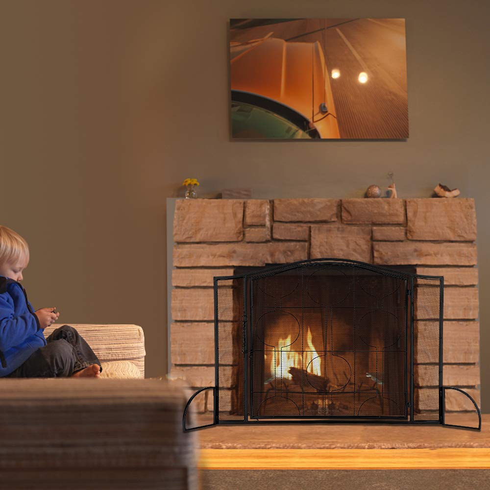 Cu Alightup Fireplace Screen 56x29 Inches Fire Place Cover Screen Fire Spark Guard Metal Mesh Panels Black for Living Room,Rustic Home Decor