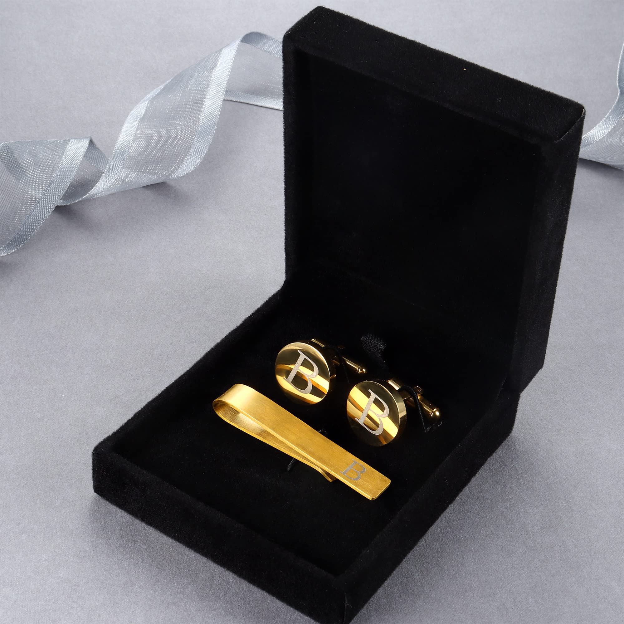 Diamday Cuff Links and Tie Clips Set Personalized Cufflinks for Men Gold J Initial Cufflinks Men's Link Shirt Studs Tie Letter Tie Clips and Cufflinks Set with Box Groomsmen Gift for Him