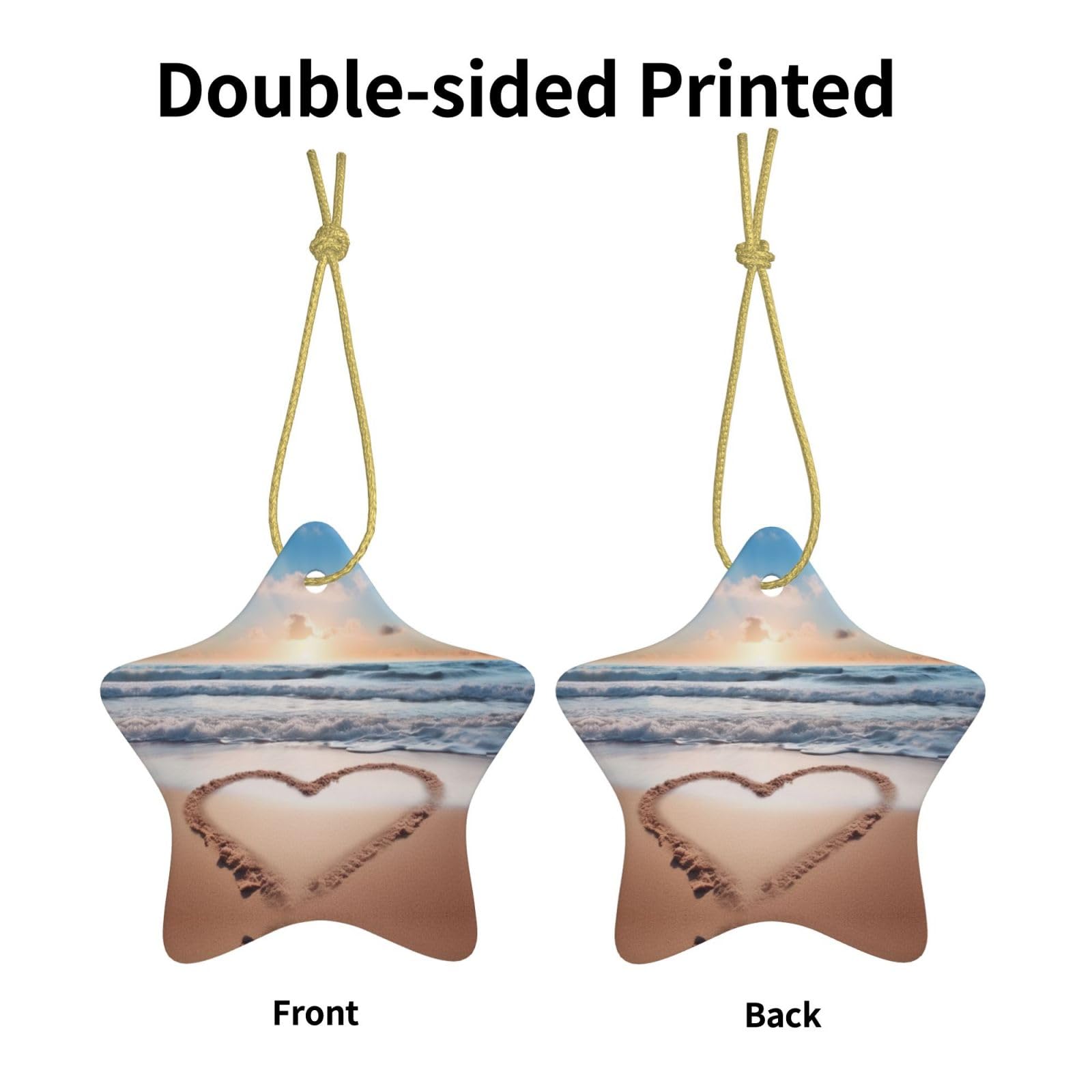 Christmas Tree Ceramic Hanging Star Shape Ornaments Heart Shape Romantic Beach Printed Christmas Ornaments with Gold Ribbon Ceramic Hanging Crafts for Xmas Holiday Party Decorations