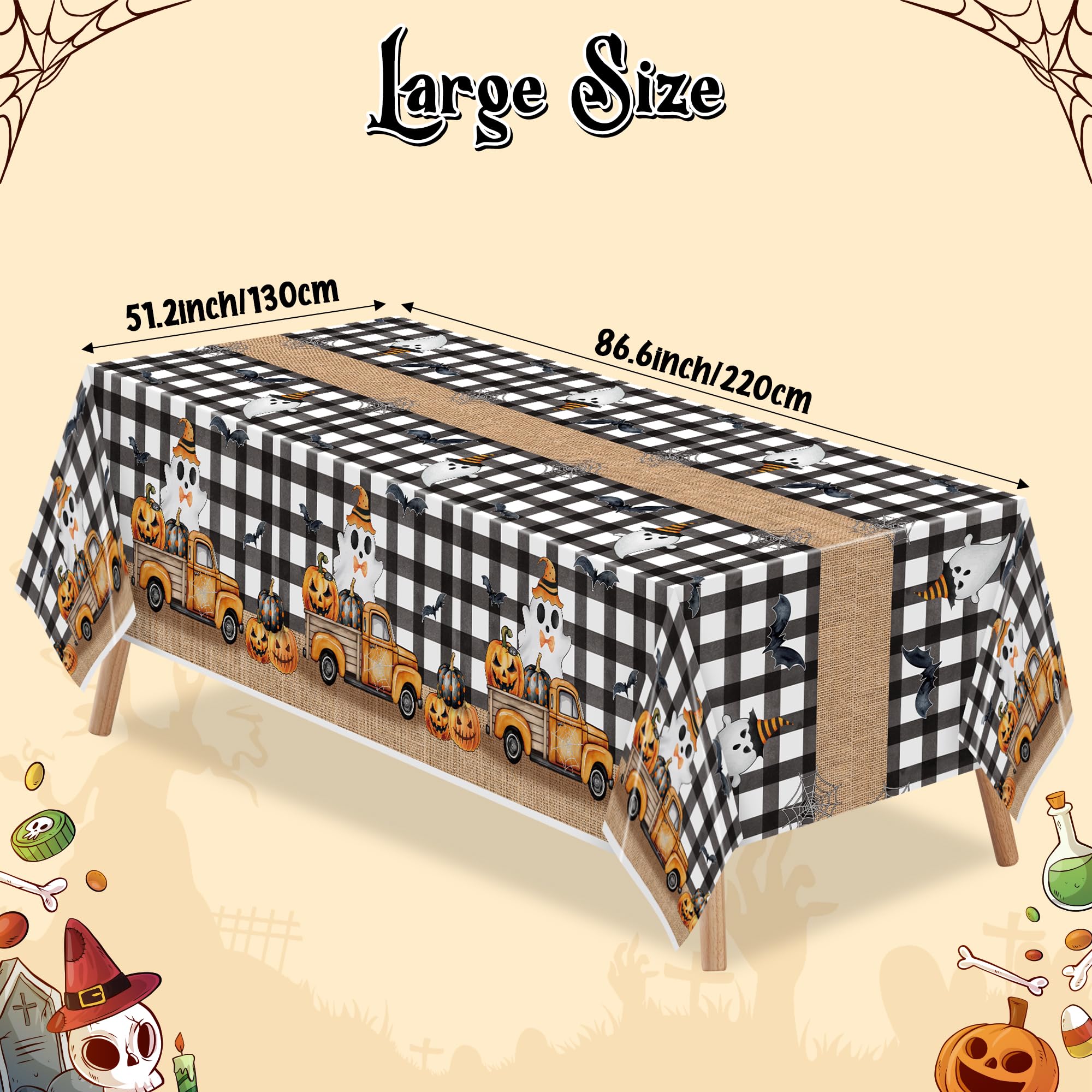 Haooryx 3 Packs Halloween Party Little Boo Tablecloth Decoration Set, Cute Ghost Bat Pumpkin Disposable Plastic Tablecloth, Cartoon Plaid Table Cover for Halloween Table Decor Party Supplies