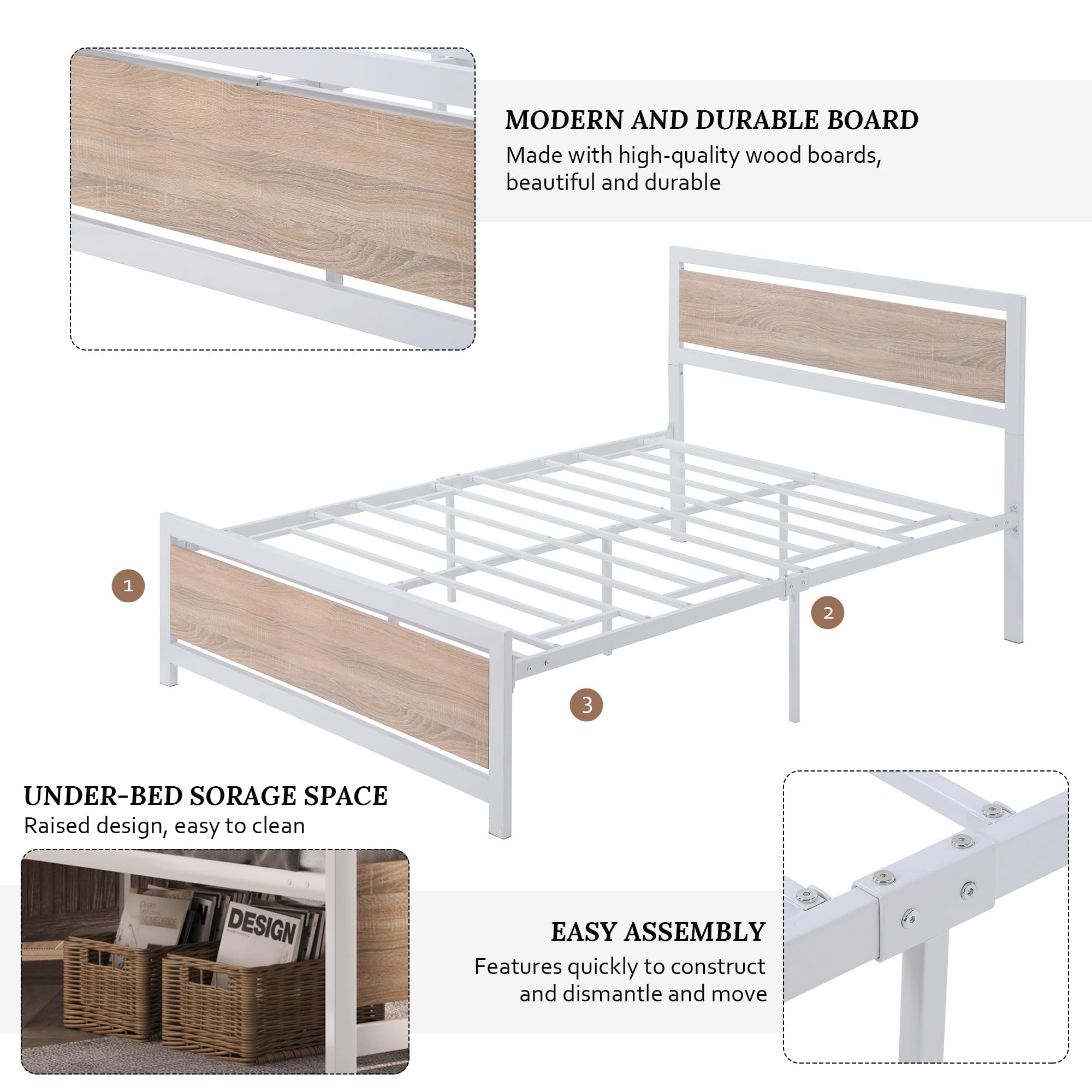 Merax Metal Platform Bed, Bed Frame with Wood Headboard and Footboard,No Box Spring Needed, Easy to Assemble, Full Size, White