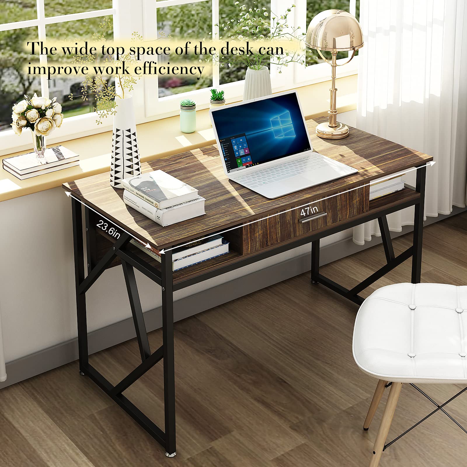 Computer Desk with Drawer DEWEL 47 inch Modern Desk Home Office Desk Gaming Executive Desk with Shelves Study Writing Desk for Small Space PC Laptop Workstation with Storage Space-Saving Easy Assembly